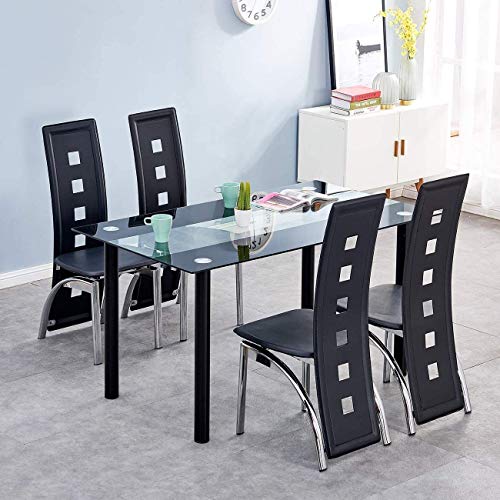 Henf 5 Pieces Dining Table Set, Modern Dining Table Set for 4 Persons with Tempered Glass Top Table and 4 PU Leather Chairs for Breakfast Dining Room Kitchen Furniture, Black (Black-3)