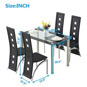 Henf 5 Pieces Dining Table Set, Modern Dining Table Set for 4 Persons with Tempered Glass Top Table and 4 PU Leather Chairs for Breakfast Dining Room Kitchen Furniture, Black (Black-3)