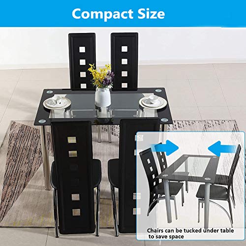 Henf 5 Pieces Dining Table Set, Modern Dining Table Set for 4 Persons with Tempered Glass Top Table and 4 PU Leather Chairs for Breakfast Dining Room Kitchen Furniture, Black (Black-3)