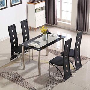 Henf 5 Pieces Dining Table Set, Modern Dining Table Set for 4 Persons with Tempered Glass Top Table and 4 PU Leather Chairs for Breakfast Dining Room Kitchen Furniture, Black (Black-3)