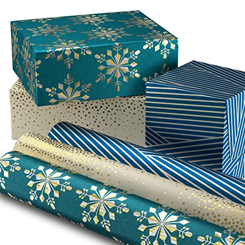 Hallmark Holographic Holiday Wrapping Paper with Cut Lines on Reverse (3 Rolls: 80 sq. ft. ttl) Winter Glow: Holographic Snowflakes, Navy Blue, Gold, Hanukkah, Christmas (0005JXW1060), Tri-Pack