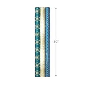 Hallmark Holographic Holiday Wrapping Paper with Cut Lines on Reverse (3 Rolls: 80 sq. ft. ttl) Winter Glow: Holographic Snowflakes, Navy Blue, Gold, Hanukkah, Christmas (0005JXW1060), Tri-Pack