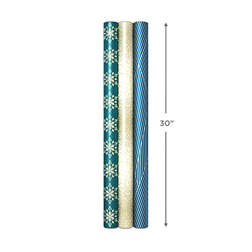 Hallmark Holographic Holiday Wrapping Paper with Cut Lines on Reverse (3 Rolls: 80 sq. ft. ttl) Winter Glow: Holographic Snowflakes, Navy Blue, Gold, Hanukkah, Christmas (0005JXW1060), Tri-Pack