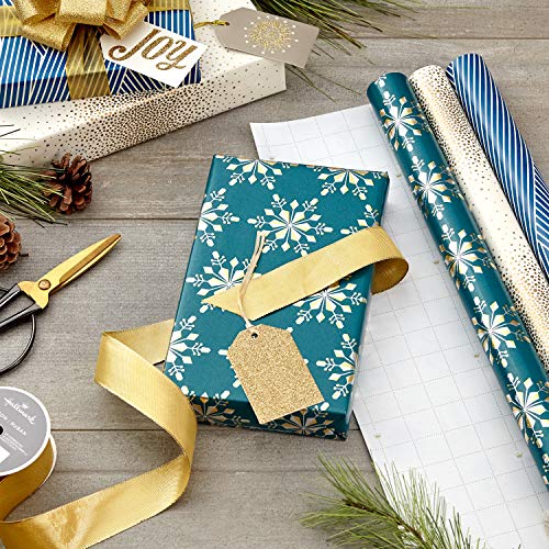 Hallmark Holographic Holiday Wrapping Paper with Cut Lines on Reverse (3 Rolls: 80 sq. ft. ttl) Winter Glow: Holographic Snowflakes, Navy Blue, Gold, Hanukkah, Christmas (0005JXW1060), Tri-Pack