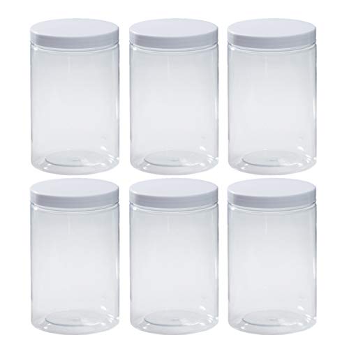 HoleviFO 43oz (1280 ml) Clear Plastic Jars with Smooth White Lids and Labels (6 Pack), Wide Mouth, BPA Free, PET Jars Bulk for Home & Kitchen Pantry Organization and Storage