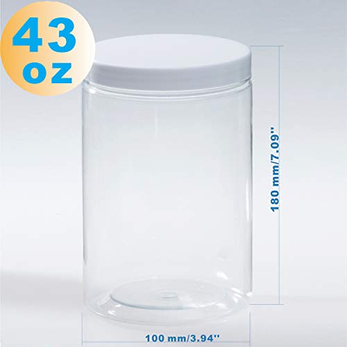 HoleviFO 43oz (1280 ml) Clear Plastic Jars with Smooth White Lids and Labels (6 Pack), Wide Mouth, BPA Free, PET Jars Bulk for Home & Kitchen Pantry Organization and Storage