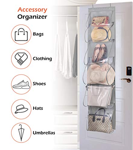 KIMBORA Handbag Organizer Storage Purse Bag Hanger with 6 Easy Access Deep Pockets 2 Packs for Closet Wall, Gray