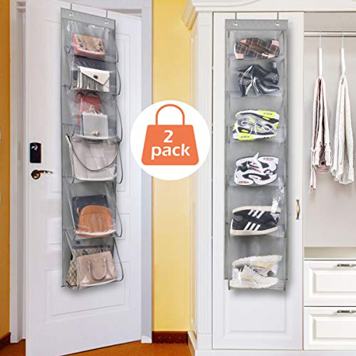 KIMBORA Handbag Organizer Storage Purse Bag Hanger with 6 Easy Access Deep Pockets 2 Packs for Closet Wall, Gray