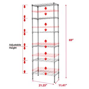 SINGAYE 6-Shelf Storage Shelf Wire Shelving Unit Metal Shelves Unit Storage Adjustable, Standing Shelf Units with PP Liner 21.25" W X 11.41D X 69 "H (Silver)