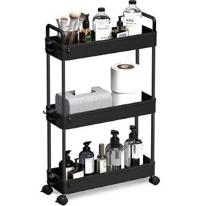 solejazz slim storage cart, 3 tier bathroom cart organizer mobile shelving unit rolling utility cart, slide out organizer for kitchen, bathroom, laundry, narrow places, black