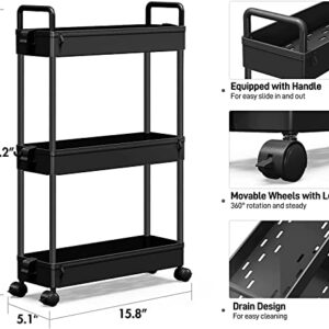 SOLEJAZZ Slim Storage Cart, 3 Tier Bathroom Cart Organizer Mobile Shelving Unit Rolling Utility Cart, Slide Out Organizer for Kitchen, Bathroom, Laundry, Narrow Places, Black