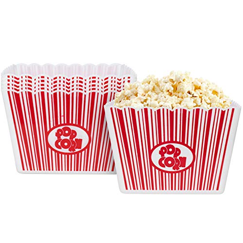 Hedume 6 Pack Popcorn Containers, Plastic Movie Theater Style Popcorn Container Set, Red & White Striped Classic Popcorn Boxes for Movie Night, Reusable (Square, 9" x 9" x 6")