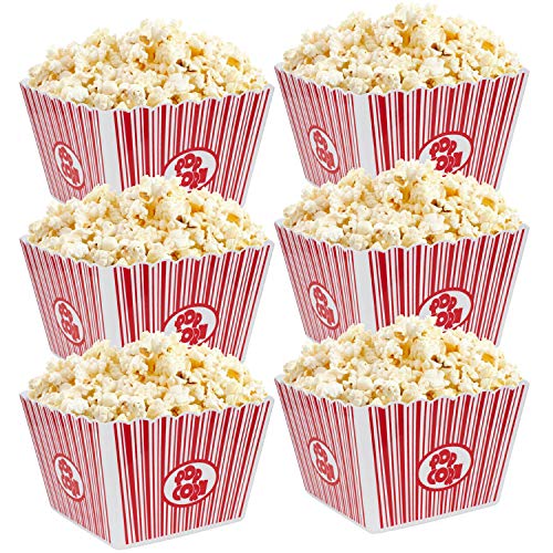 Hedume 6 Pack Popcorn Containers, Plastic Movie Theater Style Popcorn Container Set, Red & White Striped Classic Popcorn Boxes for Movie Night, Reusable (Square, 9" x 9" x 6")