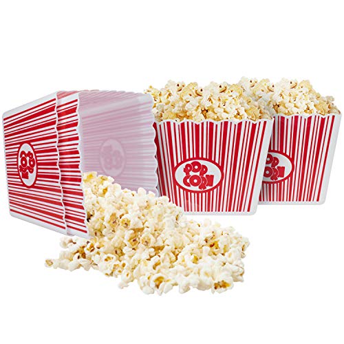 Hedume 6 Pack Popcorn Containers, Plastic Movie Theater Style Popcorn Container Set, Red & White Striped Classic Popcorn Boxes for Movie Night, Reusable (Square, 9" x 9" x 6")