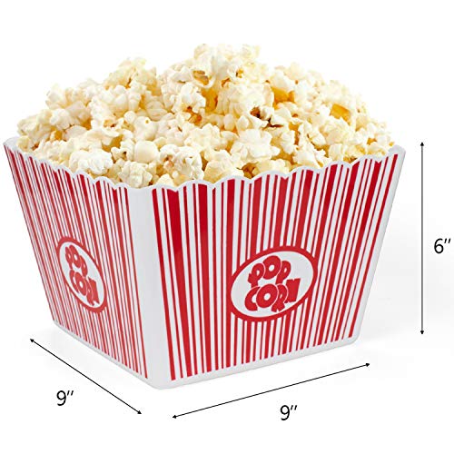 Hedume 6 Pack Popcorn Containers, Plastic Movie Theater Style Popcorn Container Set, Red & White Striped Classic Popcorn Boxes for Movie Night, Reusable (Square, 9" x 9" x 6")