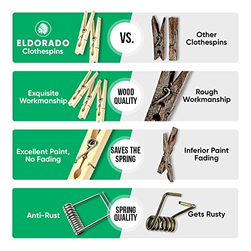 Eldorado Clothespins - 300 PCS. Standard Natural Wooden, Stain Proof, 3 inch, for Multipurpose Everyday Laundry, Clothes, Towels, Craft, Photos, Pictures, Decor, Baby Shower, Art Wall (300)