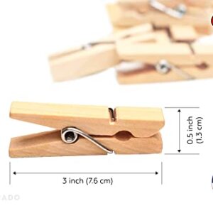 Eldorado Clothespins - 300 PCS. Standard Natural Wooden, Stain Proof, 3 inch, for Multipurpose Everyday Laundry, Clothes, Towels, Craft, Photos, Pictures, Decor, Baby Shower, Art Wall (300)