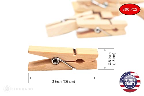 Eldorado Clothespins - 300 PCS. Standard Natural Wooden, Stain Proof, 3 inch, for Multipurpose Everyday Laundry, Clothes, Towels, Craft, Photos, Pictures, Decor, Baby Shower, Art Wall (300)