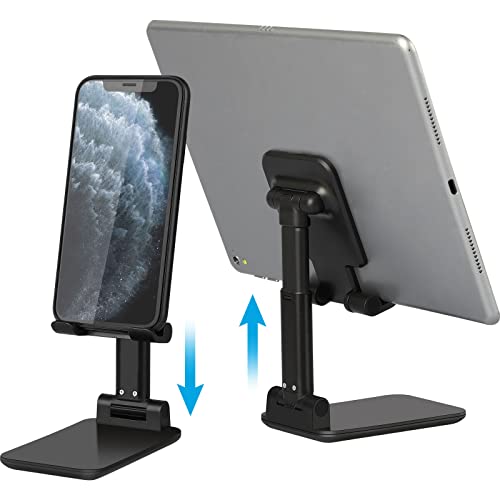 Foldable Phone Stand for Desk, Height Adjustable Desktop Cell Phone Holder Portable Aluminum Tablet Holder Dock Compatible with iPhone 14 13 12 Pro Max 11 XS XR 8 Plus iPad Galaxy Smartphone, Black