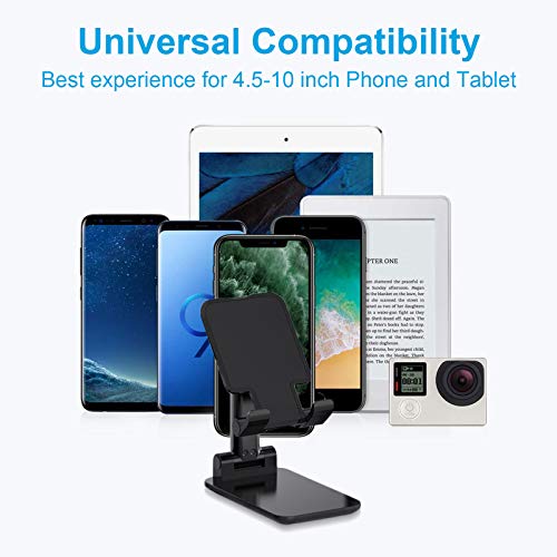 Foldable Phone Stand for Desk, Height Adjustable Desktop Cell Phone Holder Portable Aluminum Tablet Holder Dock Compatible with iPhone 14 13 12 Pro Max 11 XS XR 8 Plus iPad Galaxy Smartphone, Black