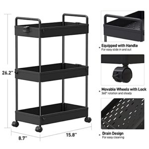 SOLEJAZZ Rolling Storage Cart, 3 Tier Utility Cart Mobile Slide Out Organizer, Bathroom Standing Rack Shelving Unit Organizer for Kitchen, Bathroom, Laundry Room, Black