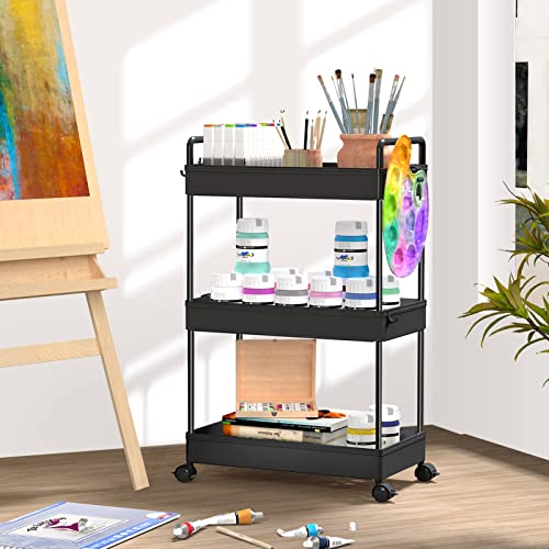 SOLEJAZZ Rolling Storage Cart, 3 Tier Utility Cart Mobile Slide Out Organizer, Bathroom Standing Rack Shelving Unit Organizer for Kitchen, Bathroom, Laundry Room, Black