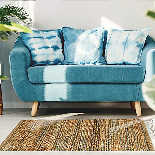 Lr Home Hand-Woven Light Blue Braided Jute Rug, Tan/Blue