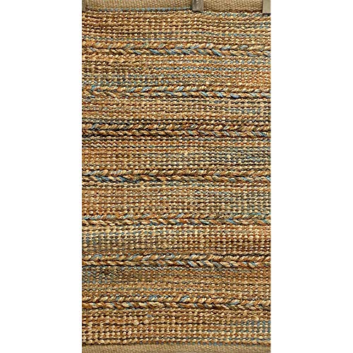 Lr Home Hand-Woven Light Blue Braided Jute Rug, Tan/Blue