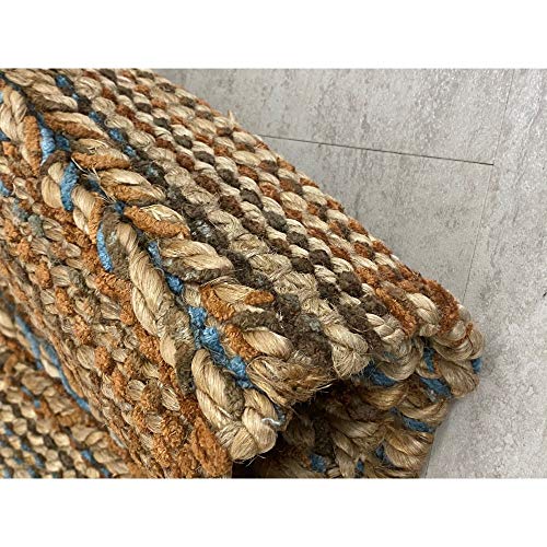 Lr Home Hand-Woven Light Blue Braided Jute Rug, Tan/Blue