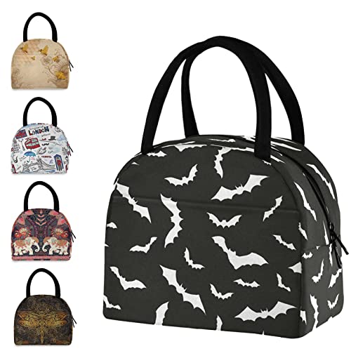 ZzWwR Stylish Bats Halloween Pattern Reusable Lunch Tote Bag with Front Pocket Zipper Closure Insulated Cooler Container Bag for Man Women Work Picnic Travel Beach Fishing