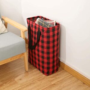 Collapsible Laundry Hamper Basket Freestanding Storage Basket Tall Slim Dirty Clothes Hamper with Detachable Brackets, Red Black Grid, Medium