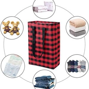 Collapsible Laundry Hamper Basket Freestanding Storage Basket Tall Slim Dirty Clothes Hamper with Detachable Brackets, Red Black Grid, Medium