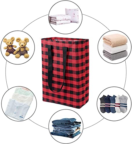 Collapsible Laundry Hamper Basket Freestanding Storage Basket Tall Slim Dirty Clothes Hamper with Detachable Brackets, Red Black Grid, Medium