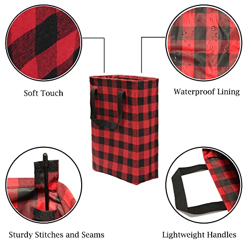 Collapsible Laundry Hamper Basket Freestanding Storage Basket Tall Slim Dirty Clothes Hamper with Detachable Brackets, Red Black Grid, Medium