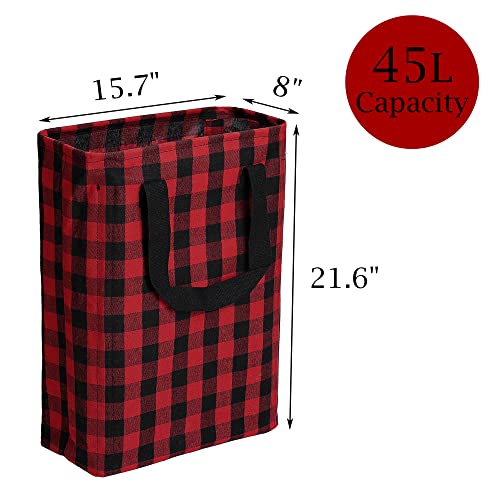 Collapsible Laundry Hamper Basket Freestanding Storage Basket Tall Slim Dirty Clothes Hamper with Detachable Brackets, Red Black Grid, Medium