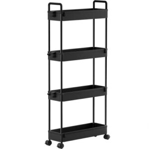 solejazz slim storage cart, 4 tier bathroom organizer mobile shelving unit, rolling utility cart slide out organizer for kitchen, bathroom, laundry, narrow places, black