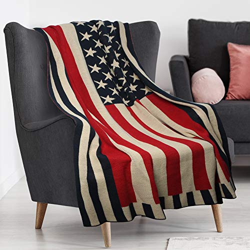 US Flag Knitted Blanket Patriotic Throw Super Comfy Soft Cozy for Coach and Bed 50"x 60" Warm for All Season TV Blankets