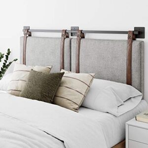 nathan james harlow modern wall mount hanging upholstered headboard, king, gray with brown faux leather straps