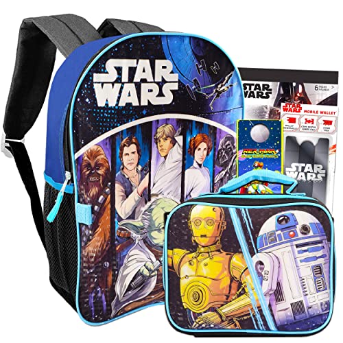 Star Wars Backpack with Lunchbox Set for Boys Kids ~ 3 Pc Bundle with Deluxe 16" Classic Star Wars Backpack, Insulated Lunch Bag, And Stickers (Star Wars School Supplies)