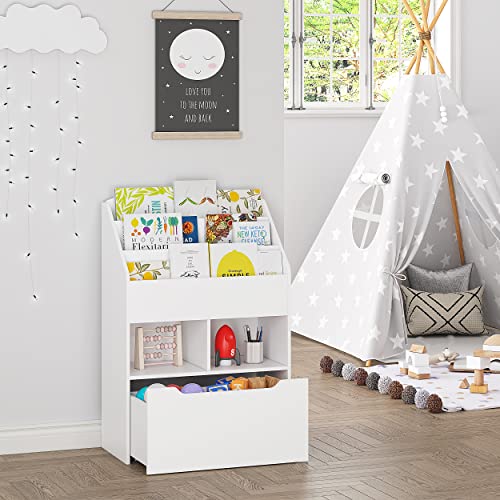 UTEX Kids Bookshelf and Toy Storage Organizer Kids Book Organizer Bookcase Storage for Kids with Rolling Toy Box White