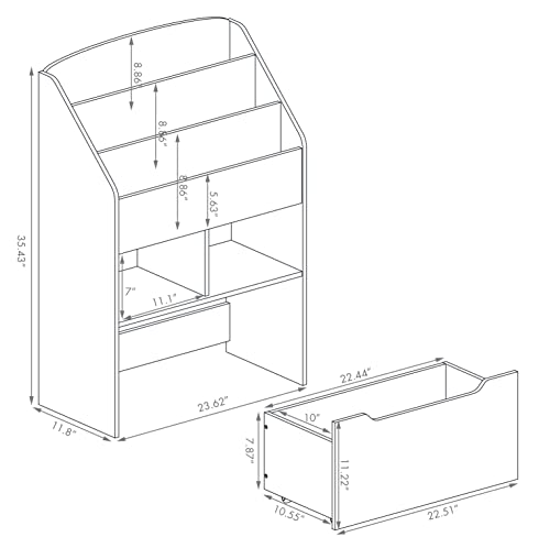 UTEX Kids Bookshelf and Toy Storage Organizer Kids Book Organizer Bookcase Storage for Kids with Rolling Toy Box White