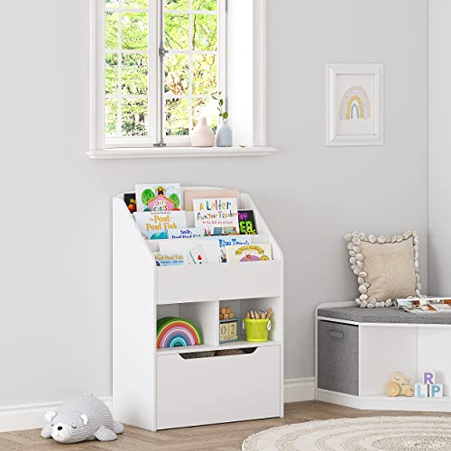 UTEX Kids Bookshelf and Toy Storage Organizer Kids Book Organizer Bookcase Storage for Kids with Rolling Toy Box White