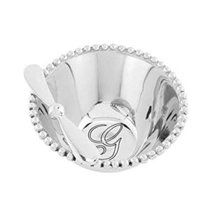 mud pie initial aluminum dip set, bowl 3" x 6" dia | spreader 5 1/2", g