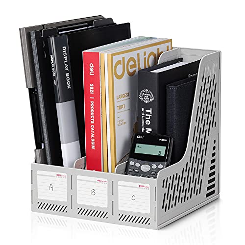 deli Magazine File Holder, Desk Organizer File Folder for Office Organization and Storage, Sturdy Plastic Binder Organizer, 3 Vertical Compartments, Gray