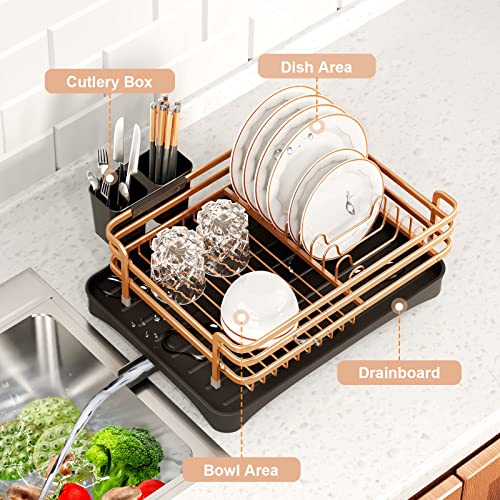 XILIDIA Dish Drying Rack with Drainboard, Aluminum Rust Proof Dish Dryer Rack with Removable Cutlery Holder and Drain Strainers for Kitchen Counter