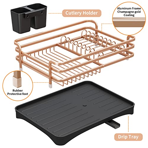 XILIDIA Dish Drying Rack with Drainboard, Aluminum Rust Proof Dish Dryer Rack with Removable Cutlery Holder and Drain Strainers for Kitchen Counter