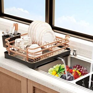 XILIDIA Dish Drying Rack with Drainboard, Aluminum Rust Proof Dish Dryer Rack with Removable Cutlery Holder and Drain Strainers for Kitchen Counter