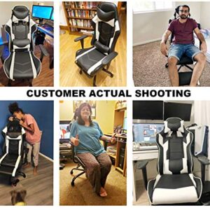 Gaming Chair High Back Computer Gaming Chair with Footrest, Ergonomic Game Chair PU Leather Racing Office Chair Adjustable Task Chair w/Headrest Armrest & Massage Function Lumbar Support-White