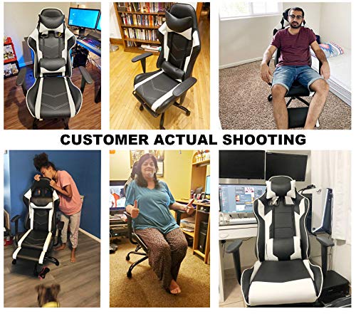 Gaming Chair High Back Computer Gaming Chair with Footrest, Ergonomic Game Chair PU Leather Racing Office Chair Adjustable Task Chair w/Headrest Armrest & Massage Function Lumbar Support-White