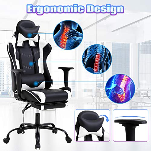 Gaming Chair High Back Computer Gaming Chair with Footrest, Ergonomic Game Chair PU Leather Racing Office Chair Adjustable Task Chair w/Headrest Armrest & Massage Function Lumbar Support-White